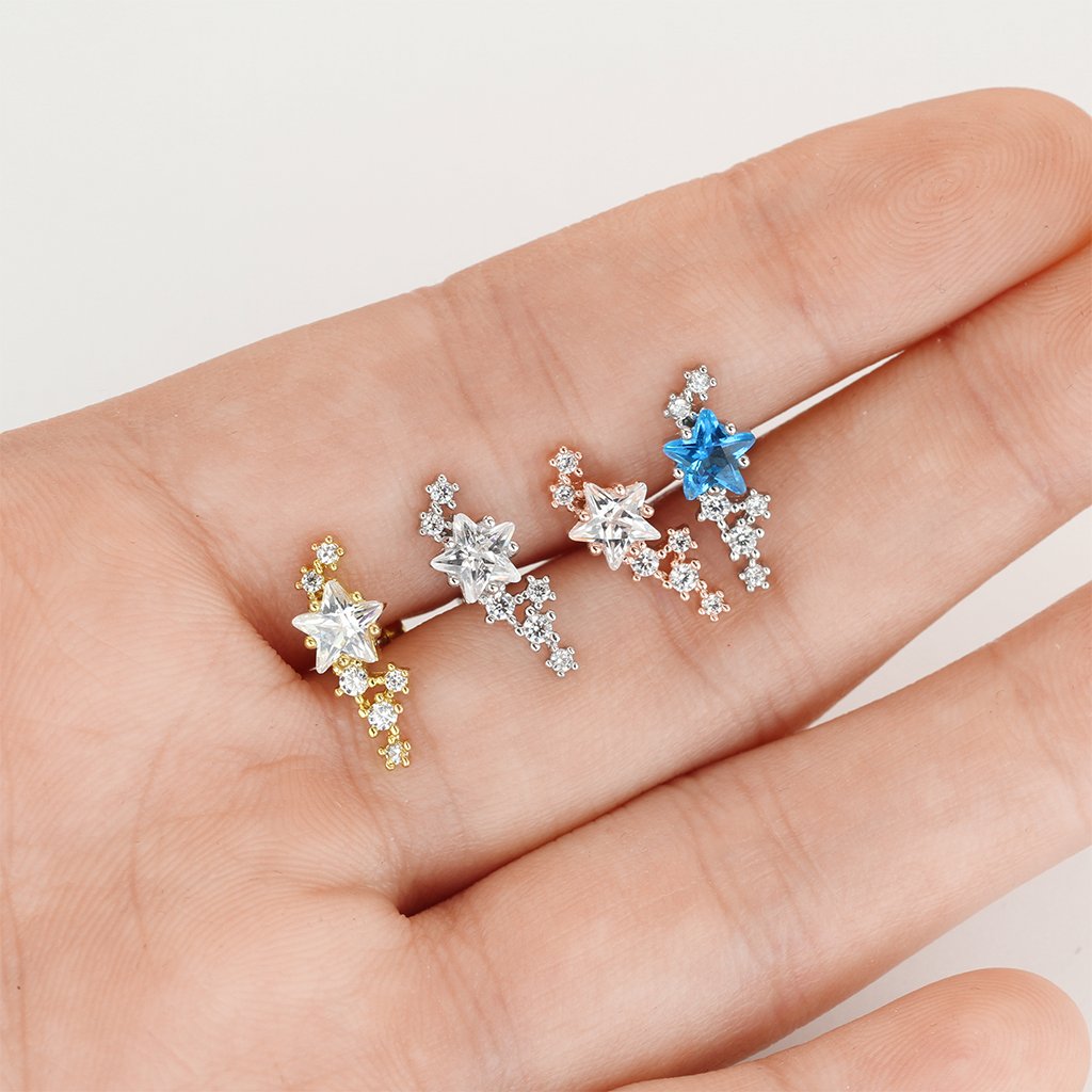 MoBody 16G Lined Cluster CZ Stars with Large Star Center Tragus Earring Stud Surgical Steel Cartilage Helix Piercing (Silver-Tone with Clear CZ)