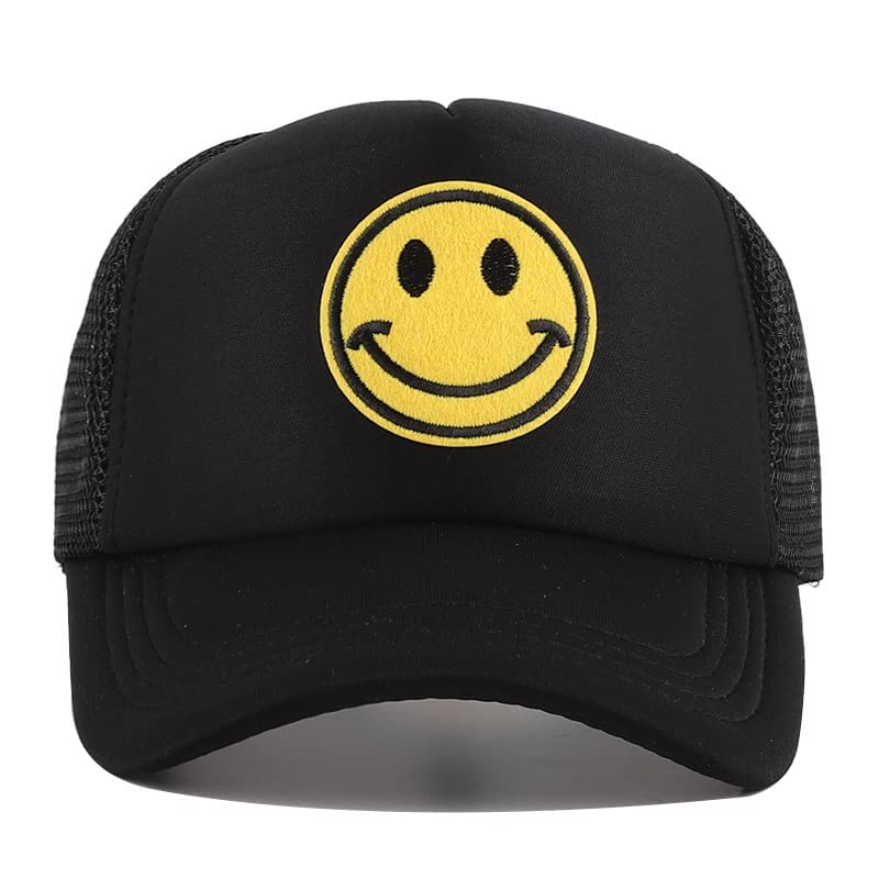 Smiley Face Hat Embroidered High Crown Foam Mesh Adjustable Snapback Trucker Cap for Men and Women (as1, Alpha, one_Size, Black2)
