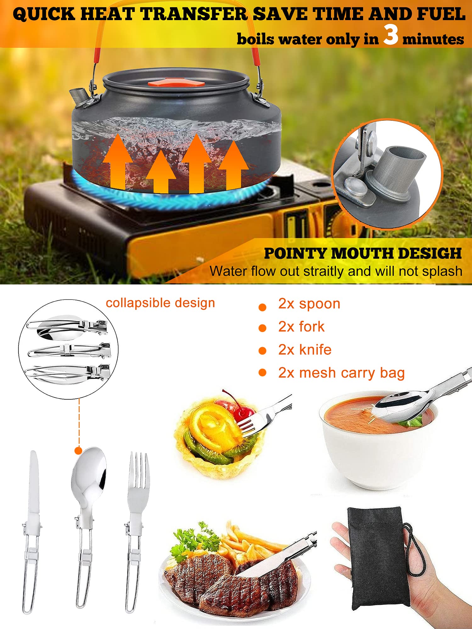 Outdoor Ultralight Camping Cookware Mess Kit with 1.1L Kettle, Pot, Pan, 2 Plates, 2 Foldable Cups, 2 Fork Spoon Kits, Chopping Board, Camping Cooking Set for Outdoor Backpacking Hiking Picnic Fishing