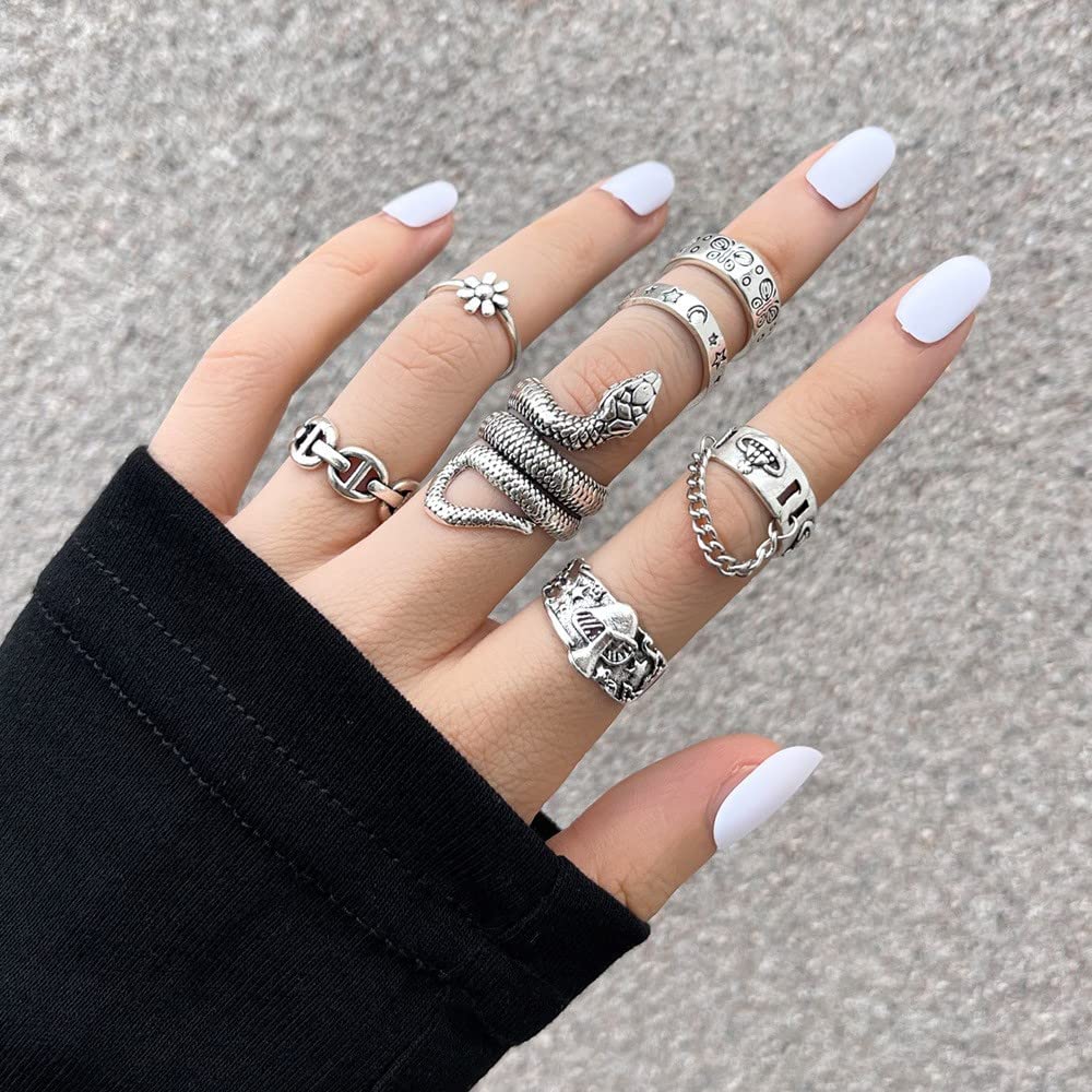 Silver Knuckle Rings Set Chunky Rings Aesthetic Snake Grunge Stackable Gothic Ring Adjustable Y2k Punk Bulky Boho Finger Alt Of Rings, Stacking Heart Star Flower Midi Ring Pack For Women Men, Chunky Rings Aesthetic Snake Grunge Stackable Gothic Ring Adjus