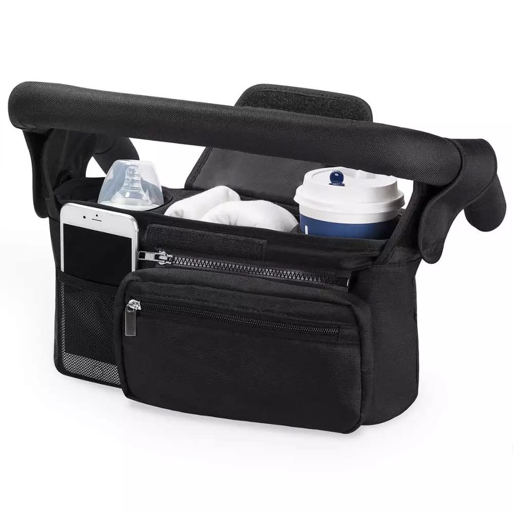 Universal Baby Stroller Organizer with Diaper Storage, Insulated Cup Holders, Secure Straps, Detachable Bag, Pockets for Toys, Phone and Keys for Parents. Non-Slip Design, Fit All Strollers.