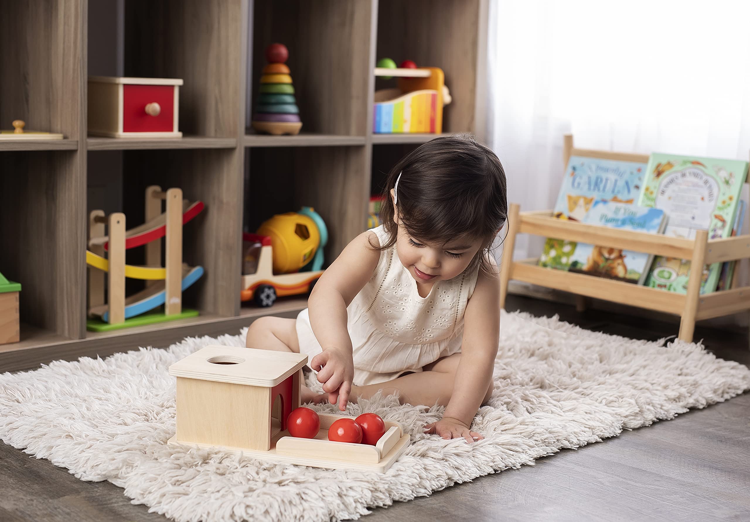 Montessori Object Permanence Box Wooden Toy Tray and Ball Drop w/ Three (3) Balls Baby First Learning Toys Imbucare Box