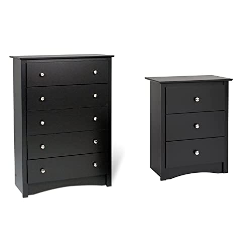 Prepac Sonoma Nightstand, Tall 3-Drawer, Black & Black Sonoma 5 Drawer Chest