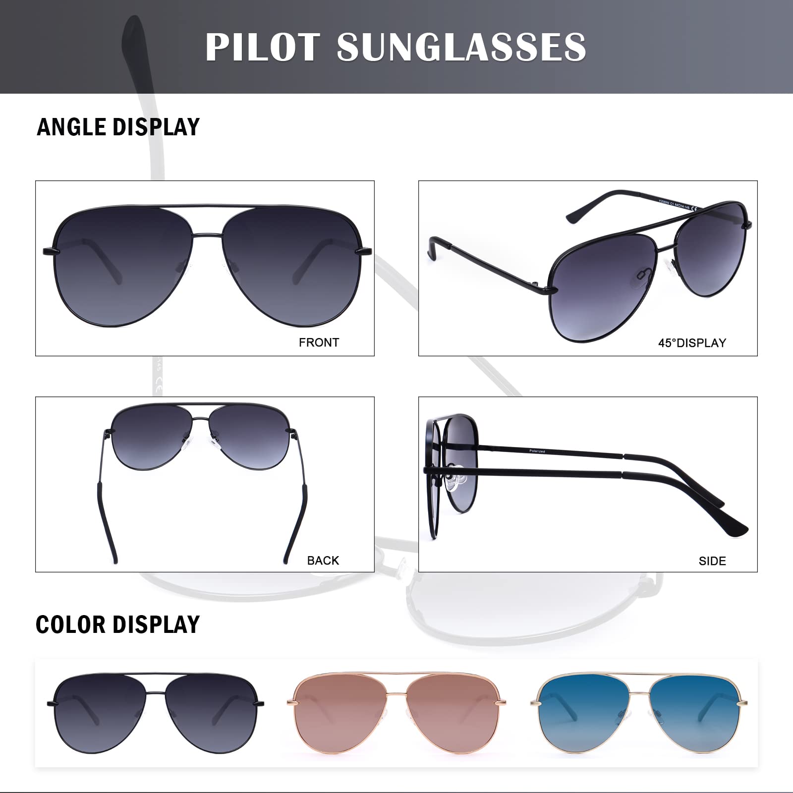 Sahouna Oversized Aviator Sunglasses for Women Men Polarized Sunglasses UV Protection Large Metal Frame Gradient Black