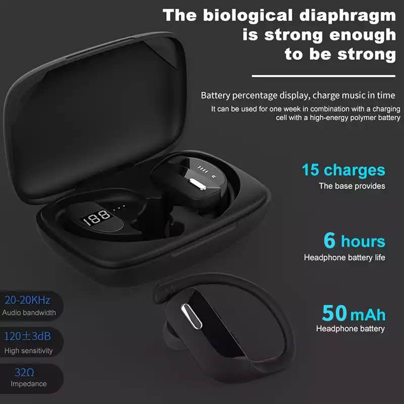 Wireless Earbuds Bluetooth Headphones 48hrs Play Back Sport Earphones with LED Display Over-Ear Buds with Earhooks Built-in Mic Headset, 48H Playtime, Noise Cancelling (Black)