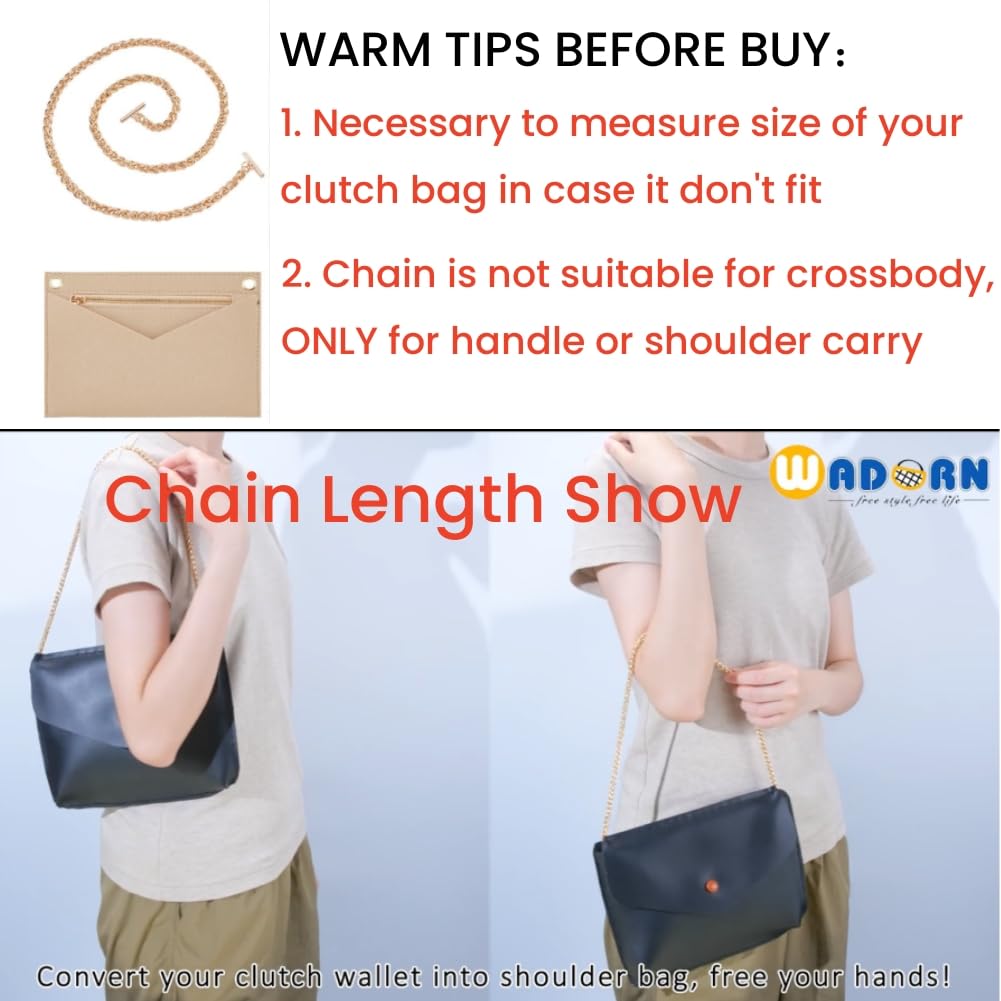 WADORN 1 Set Purse Organizer Insert Conversion Kit with Gold Chain, 8.62x6.1 Inch Felt Handbag Organizer Insert 24 Inch Chain Inner Pocket Liner Clutches Envelope Bag Handbag Convert Accessory, Beige