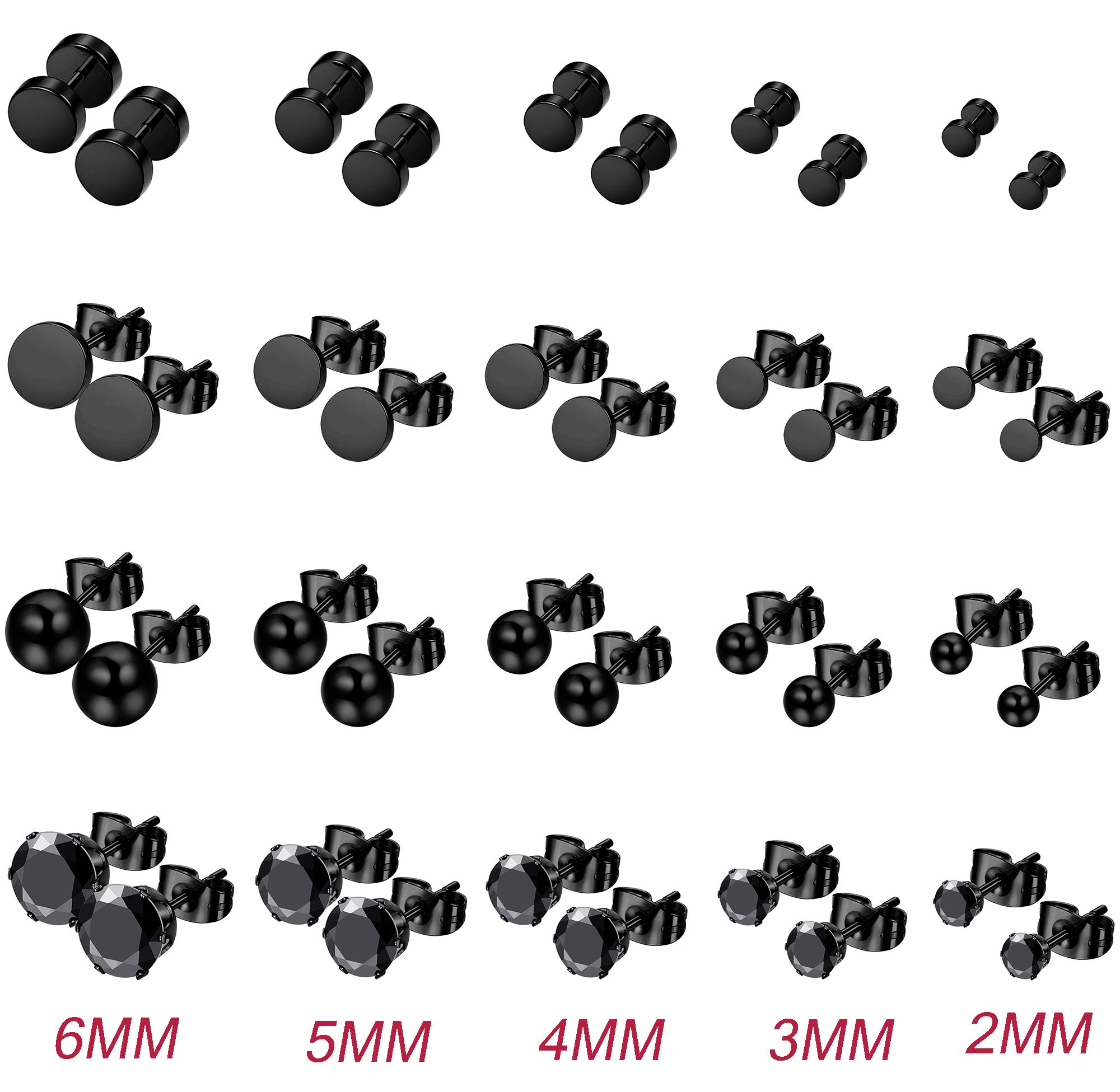 LOYALLOOK 40Pairs Silver Black Tone Stainless Steel Stud Earring for Men Women CZ Round Ball Earring Piercing Set,2-6mm