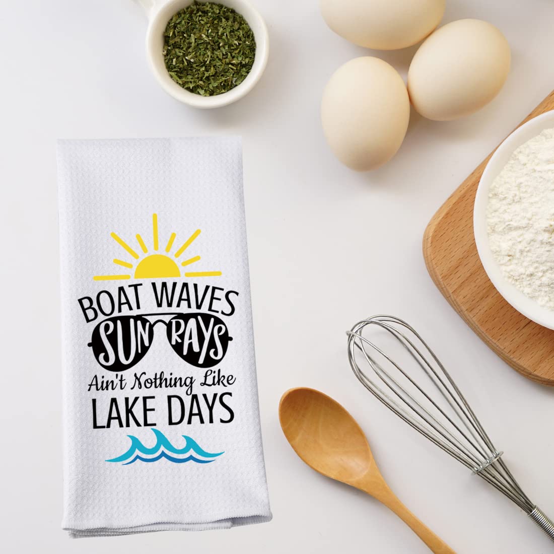 PWHAOO Lake Kitchen Towel Boat Waves Sun Rays Kitchen Towel Lake Life Tea Towel Lake Days Gift (Boat Waves Sun T)
