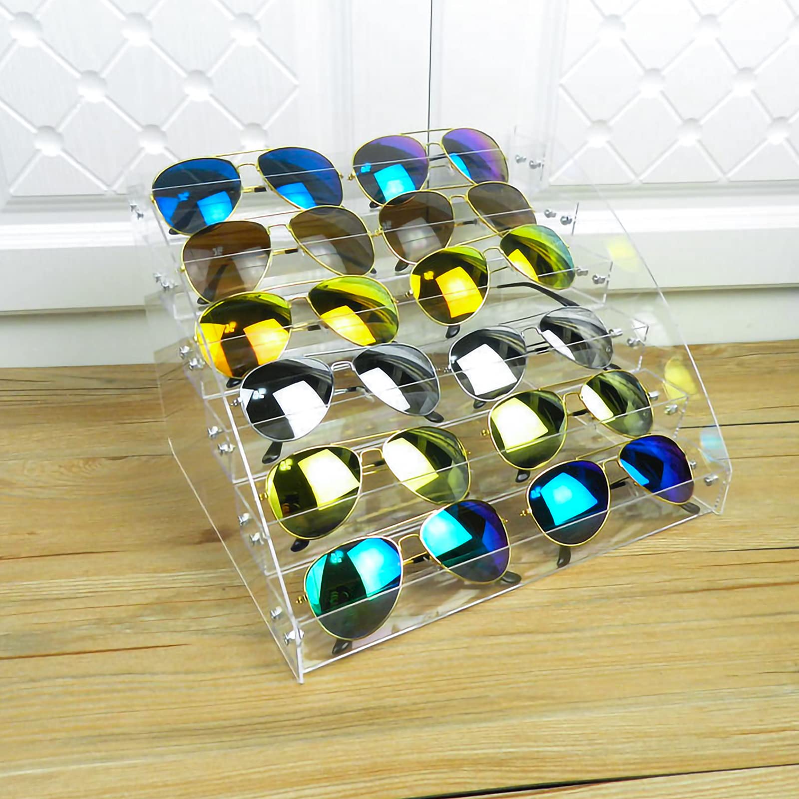 MineDecor 10 Piece Plastic Sunglasses Organizer Clear Eyeglasses Display Case 5 Tier Eyewear Storage Tray Box For Glasses Tabletop Holder Stand