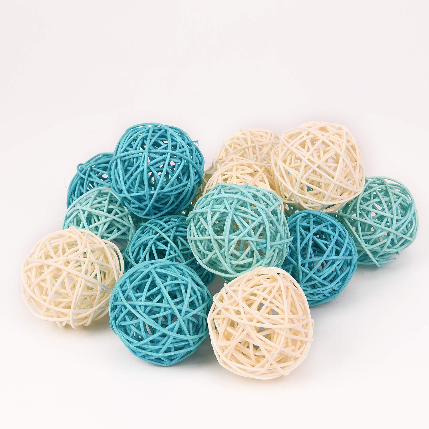Lulonpon Wicker Rattan Balls Decorative Orbs Vase Fillers for Craft Project, 15pcs 2.36" Wedding Table Decoration,Themed Party,Aromatherapy Accessories,Comes with Rope (15, Blue-2)