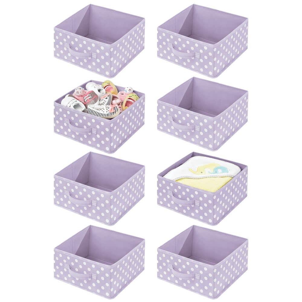 mDesign Fabric Nursery/Playroom Closet Storage Organizer Bin Box with Front Handle for Cube Furniture Shelving Units, Hold Toys, Clothes, Diapers, Bibs, 8 Pack, Light Purple/White Polka Dot