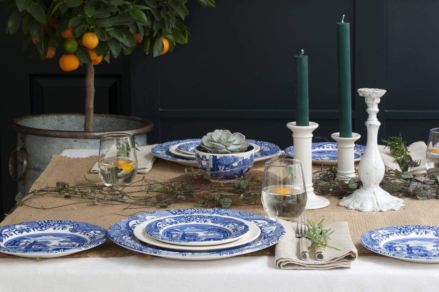 Spode Blue Italian 5-Piece Place Setting | Dinner Plate, Salad Plate, Bread & Butter Plate, Teacup and Saucer | Dishwasher Safe | Made in England from Fine Earthenware