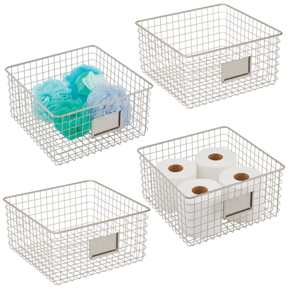 mDesign Farmhouse Decor Metal Wire Bathroom Organizer Storage Bin Basket - for Cabinets, Shelves, Countertops, Bedroom, Kitchen, Laundry Room, Closet, Garage, 4 Pack - Satin