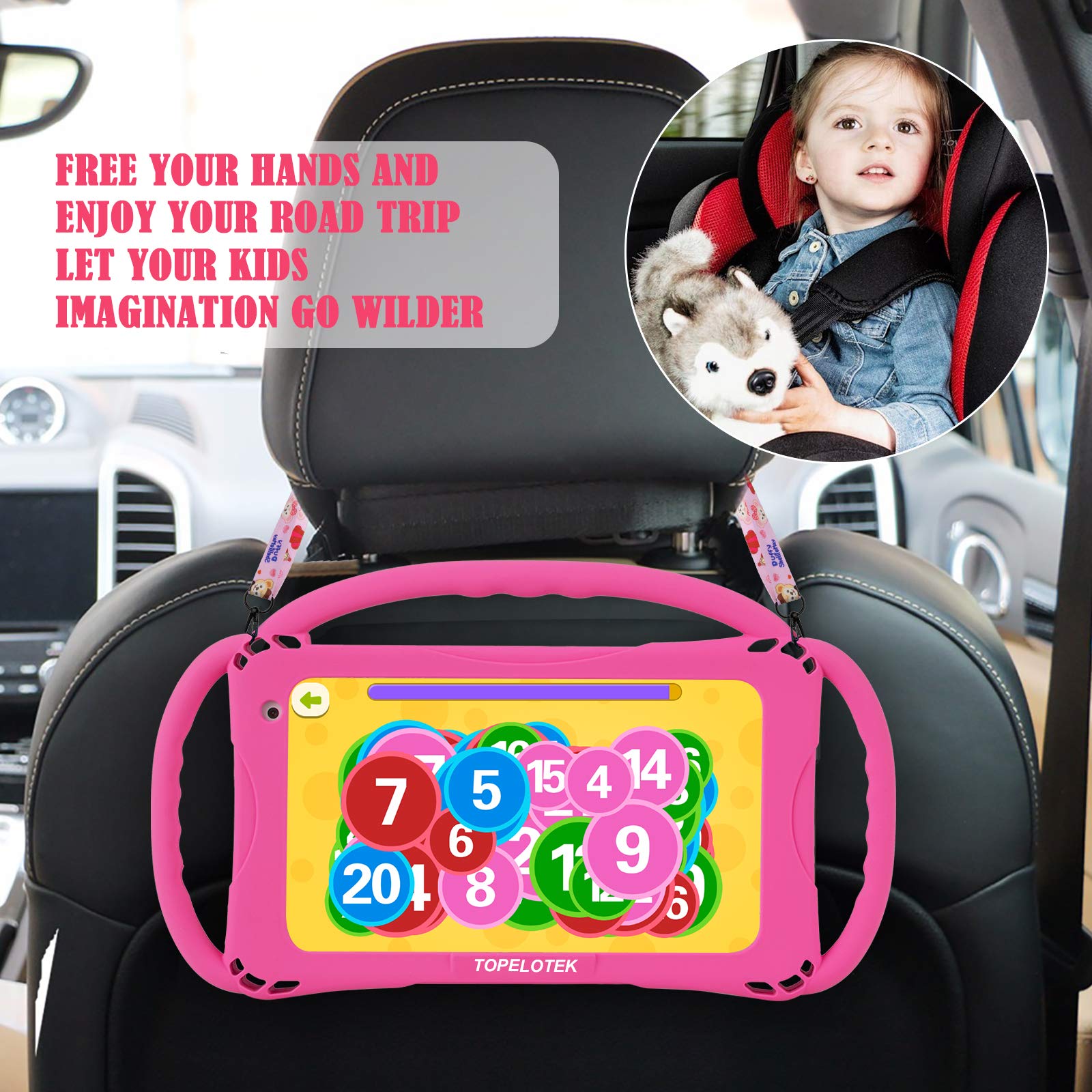 TOPELOTEK Kids 7.0 Inch Tablet with 32GB Storage, 1.6GHz Quad-Core CPU, Android 9.0, Wifi, Bluetooth, Cameras, 4000mAh Battery, 3-Hand Silicone Case, Adjustable Stand