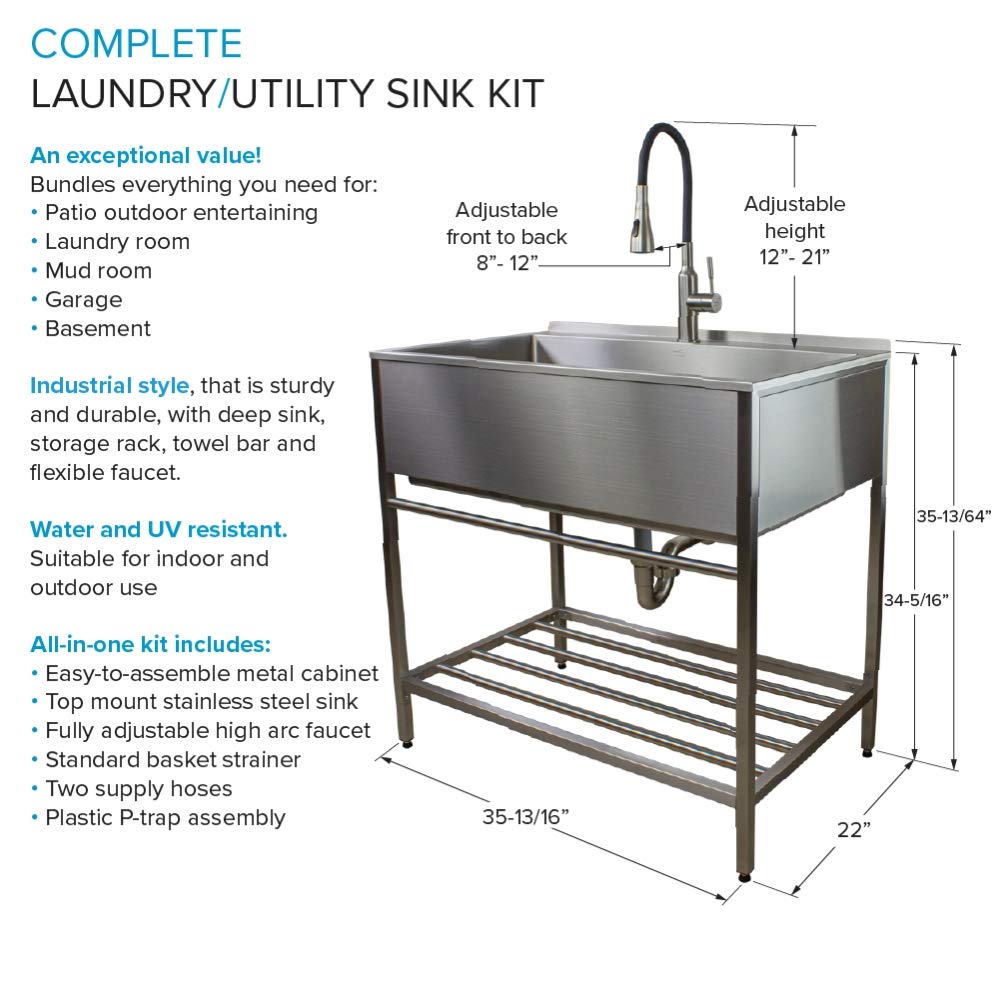Transolid TFH-3622-SS 36 in. x 22 in. x 34.3 in. Stainless Steel Laundry Sink with Wash Stand in Brushed Satin