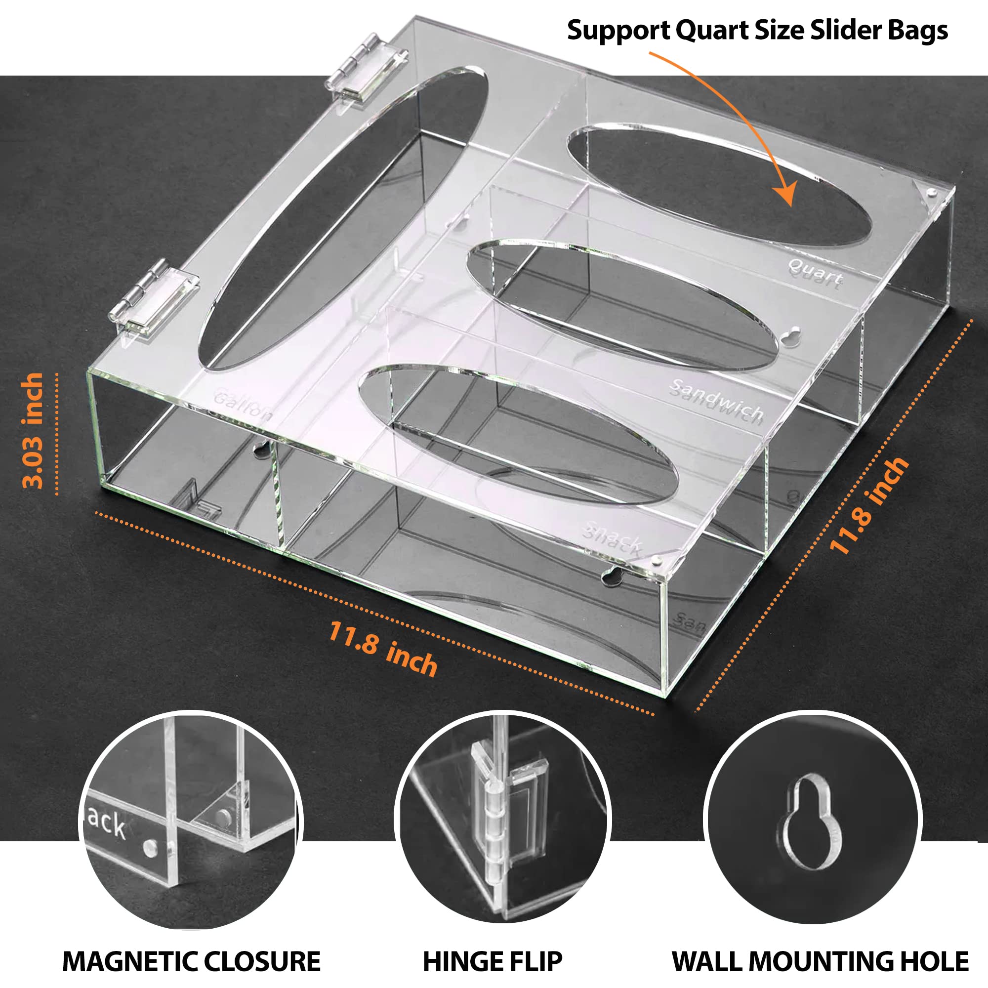 Plastic Bag Holder for Kitchen Organization – Storage Bags Acrylic Organizers Quart, Gallon, Snack, Sandwich Clear Wall Organizer Food Easy Refill System(clear), 11.8 x 11.8 3.03 inches
