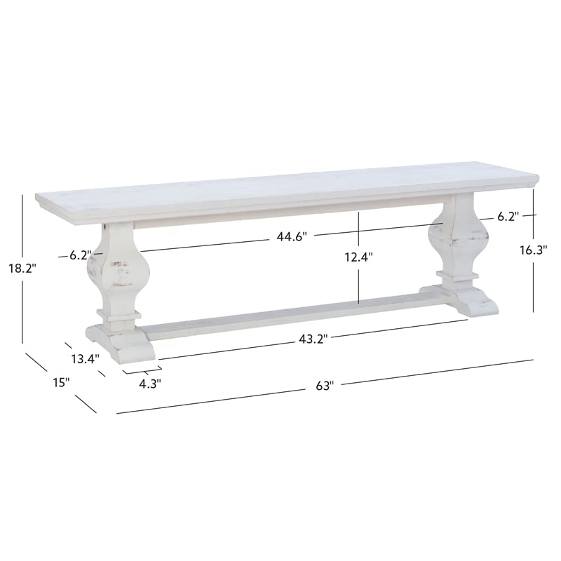 Linon Larson Solid Pine Wood Double Pedestal Dining Bench in Distressed White