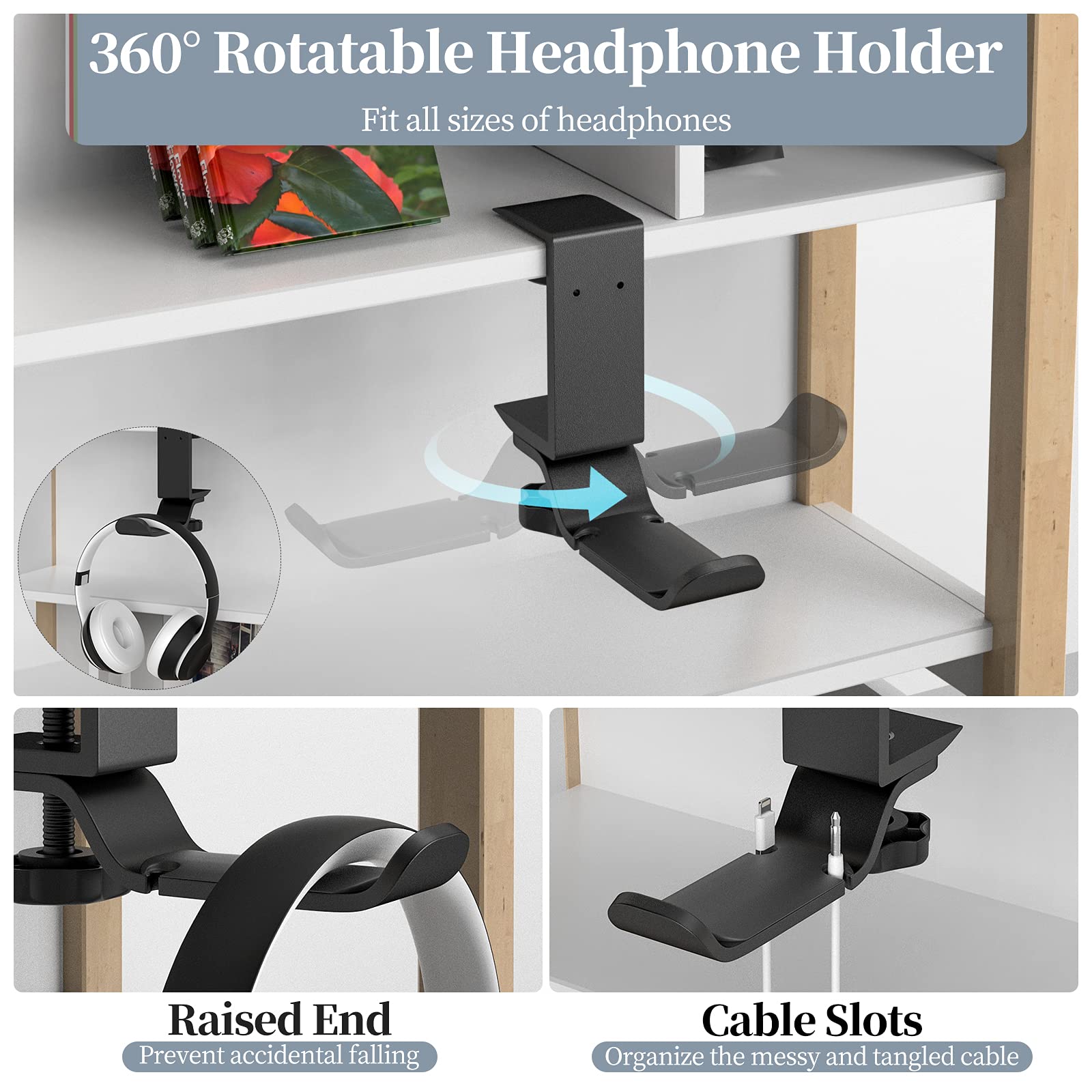 MoKo Headset Hanger with Cup Holder, Universal 2 in 1 Headphone Stand Adjustable 360° Rotate Aluminum Earphone Hook Mount Fit All Headphone Size Sennheiser, Audio-Technica, PS5 Gaming Headphone, Black