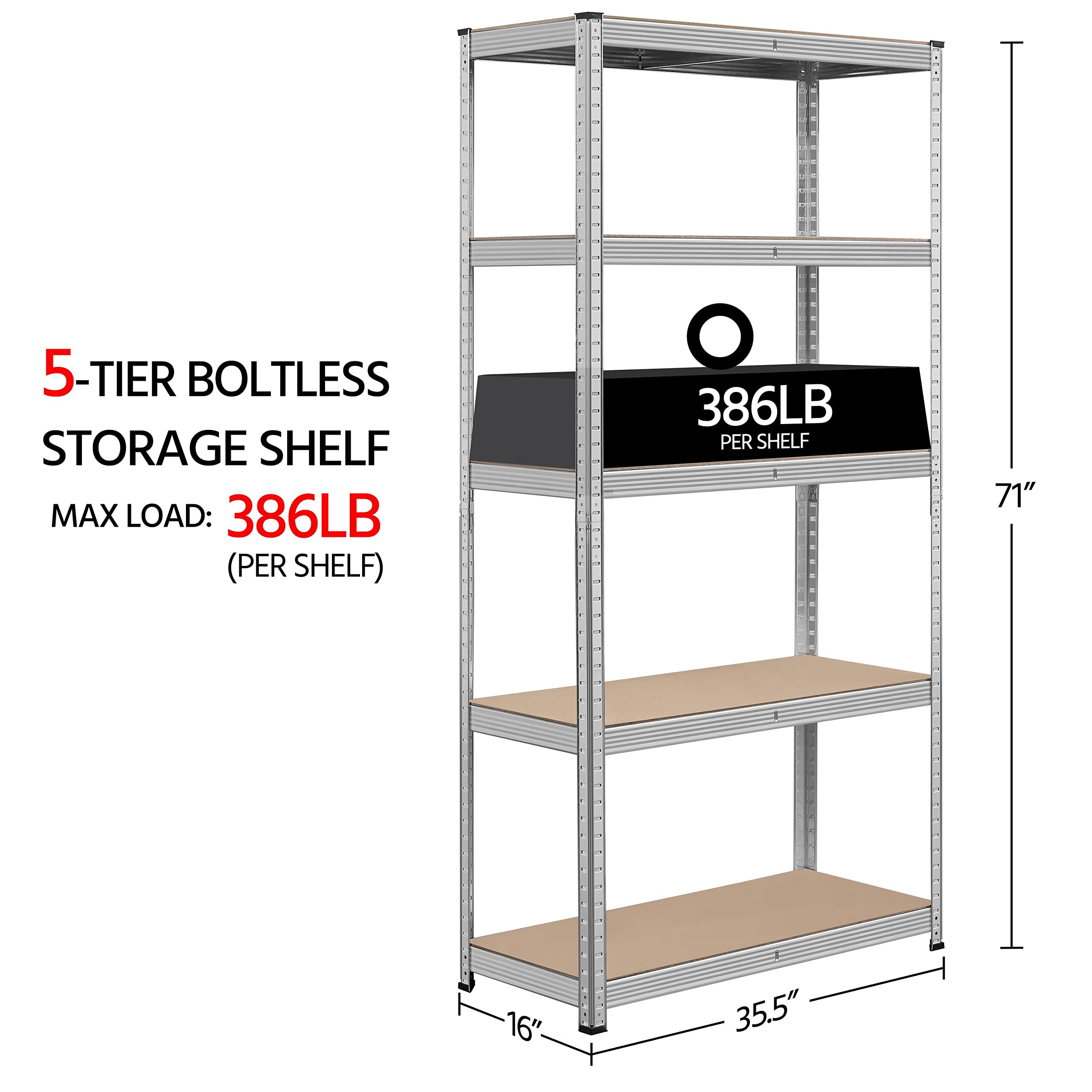 Topeakmart 5-Tier Utility Shelves, Metal Storage Shelves Unit Adjustable Garage Storage Racks Heavy Duty Shed Shelving- Silver, 35.5 x 16 x 71 Inch