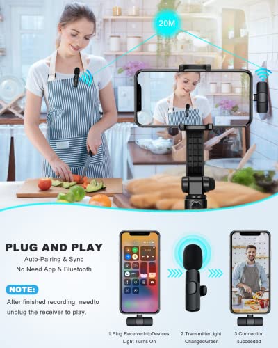 Ponovo Wireless Lavalier Microphone Compatible with iPhone, Dual Mini Lapel Mic for Phone Video Recording, Wireless Clip On Microphone for TikTok YouTube Live Stream Vlog