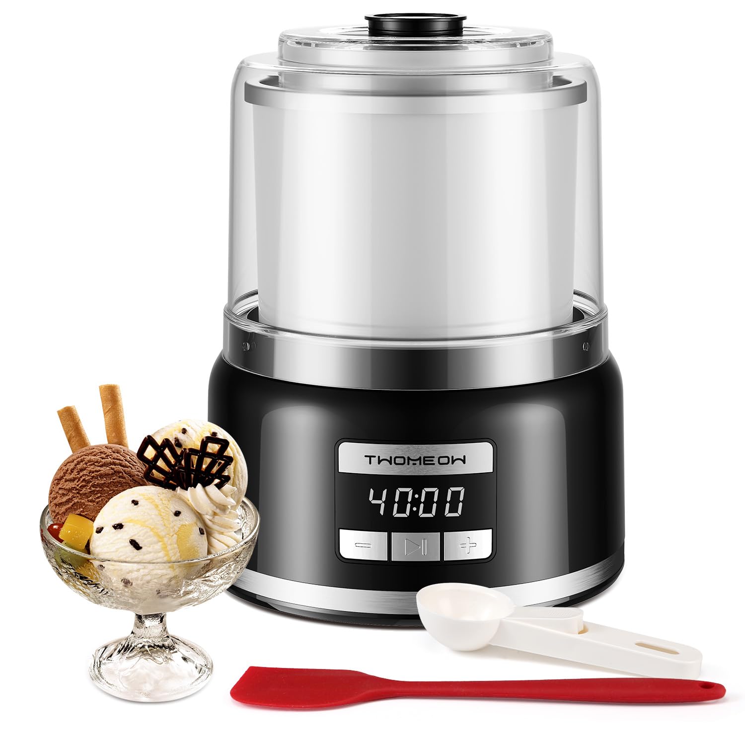 TWOMEOW Ice Cream Maker, Automatic 2 Quart Ice Cream Machine with Timer, Double Insulated Freezer Bowl Homemade Ice Cream, Frozen Yogurt, Gelato, Sorbet Maker for Home, Black