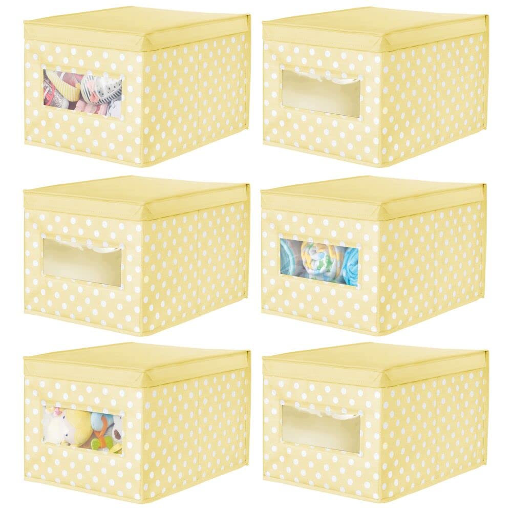 mDesign Large Soft Stackable Fabric Baby Nursery Storage Organizer Holder Bin Box with Front Window/Lid for Child/Kids Bedroom, Playroom, Classroom, Lido Collection, 6 Pack, Lt Yellow/White Polka Dot