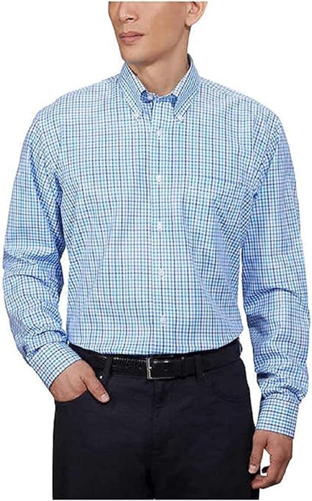 Kirkland Signature Men’s Button Down Dress Shirt Traditional Fit (Blue/White Mini Check, 16 x 34/35)