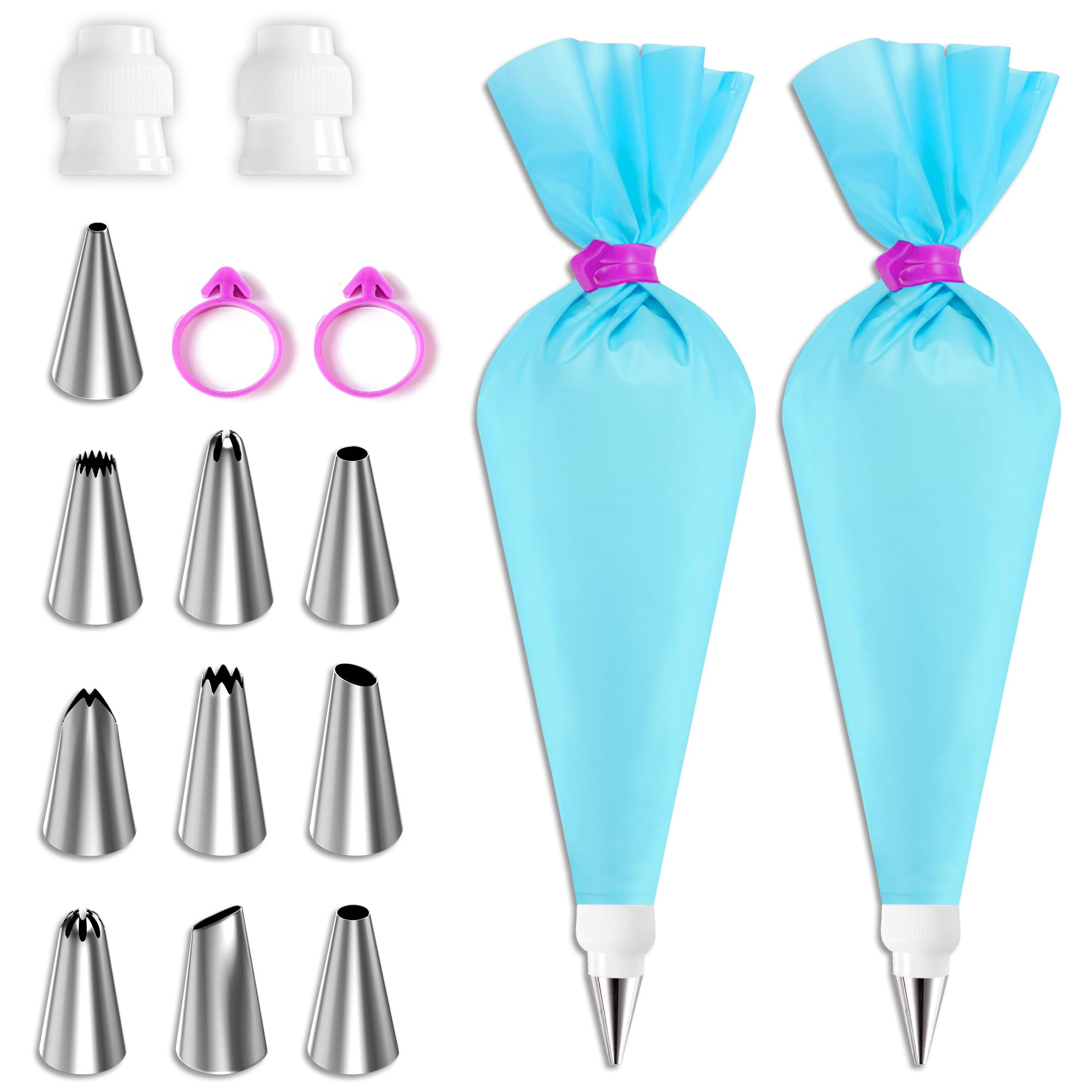 Riccle Reusable Piping Bag and Tips Set - Strong Silicone Icing Bag and Tips - Ideal Icing Piping Kit of 2 Reusable Pastry Bag,2 Coupler, 10 Icing and Frosting Tips with 2 Bag Ties
