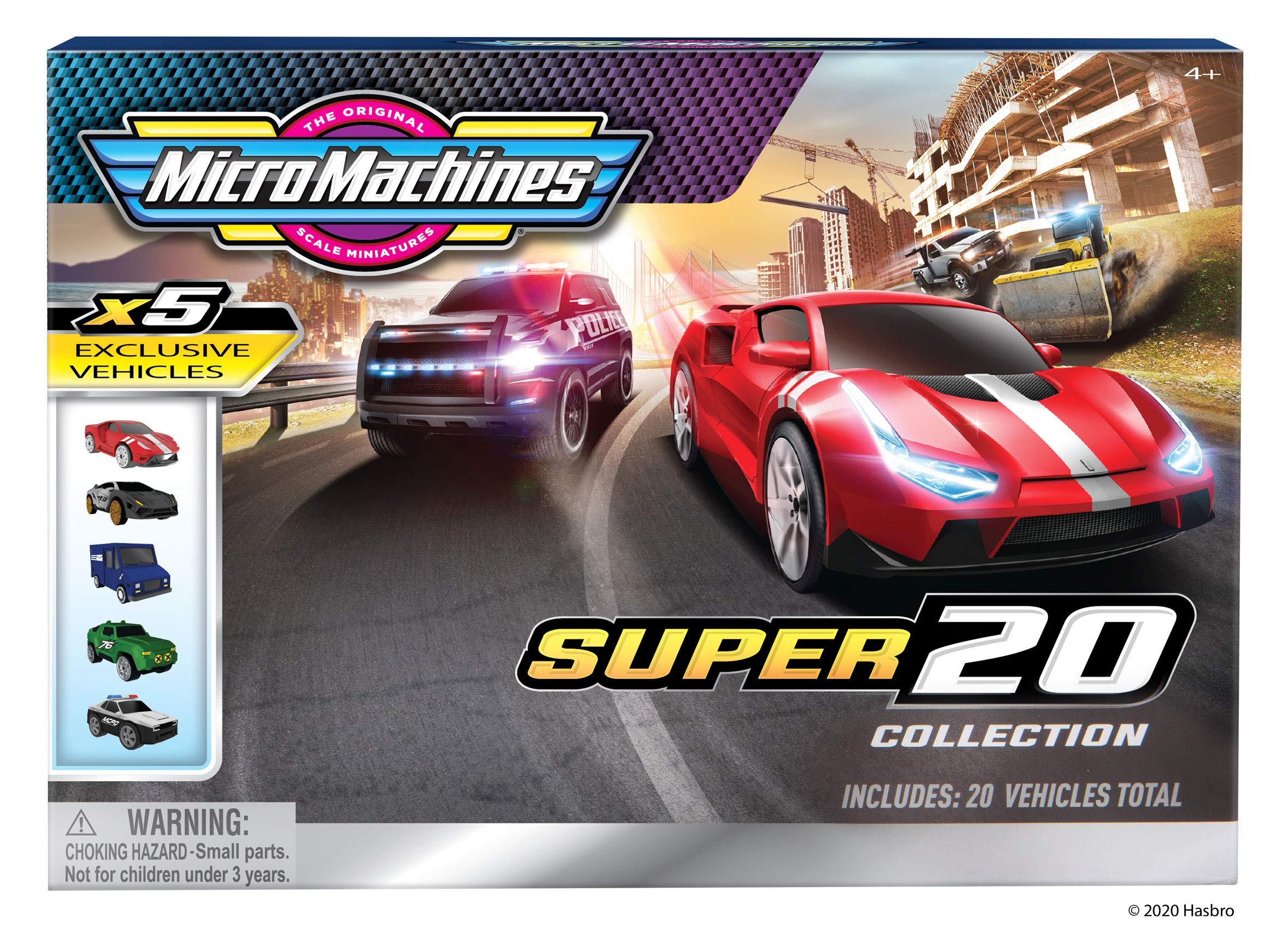 Micro Machines Super 20 Pack β Toy Car Collection, Features 20 Vehicles (Tractor, Police Car, Tow Truck, Backhoe, Bulldozer, Mail Truck & More) - Amazon Exclusive