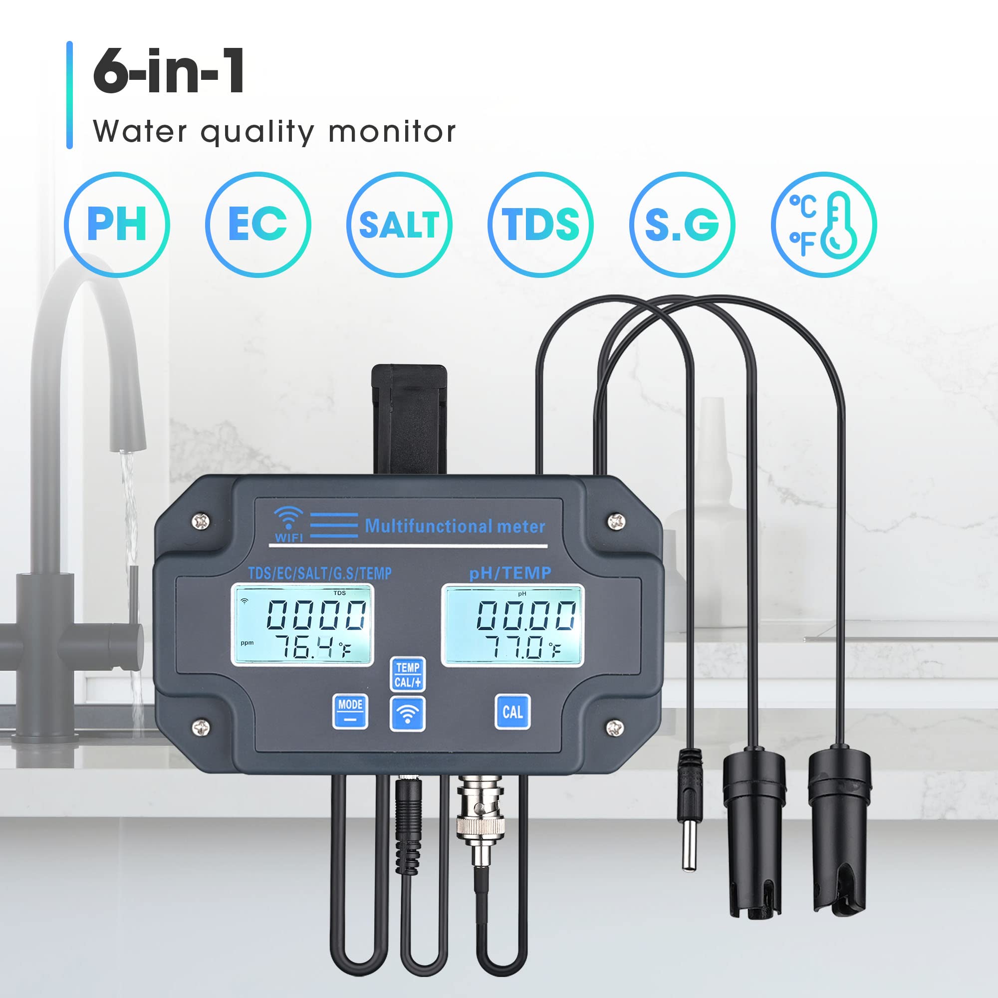 Yescom Water Quality Tester 6 in 1 Multi-Parameter Test Meter PH/EC/Salt/TDS(PPM)/Temp/S.G Analyzer Wall-Mount Rechargeable