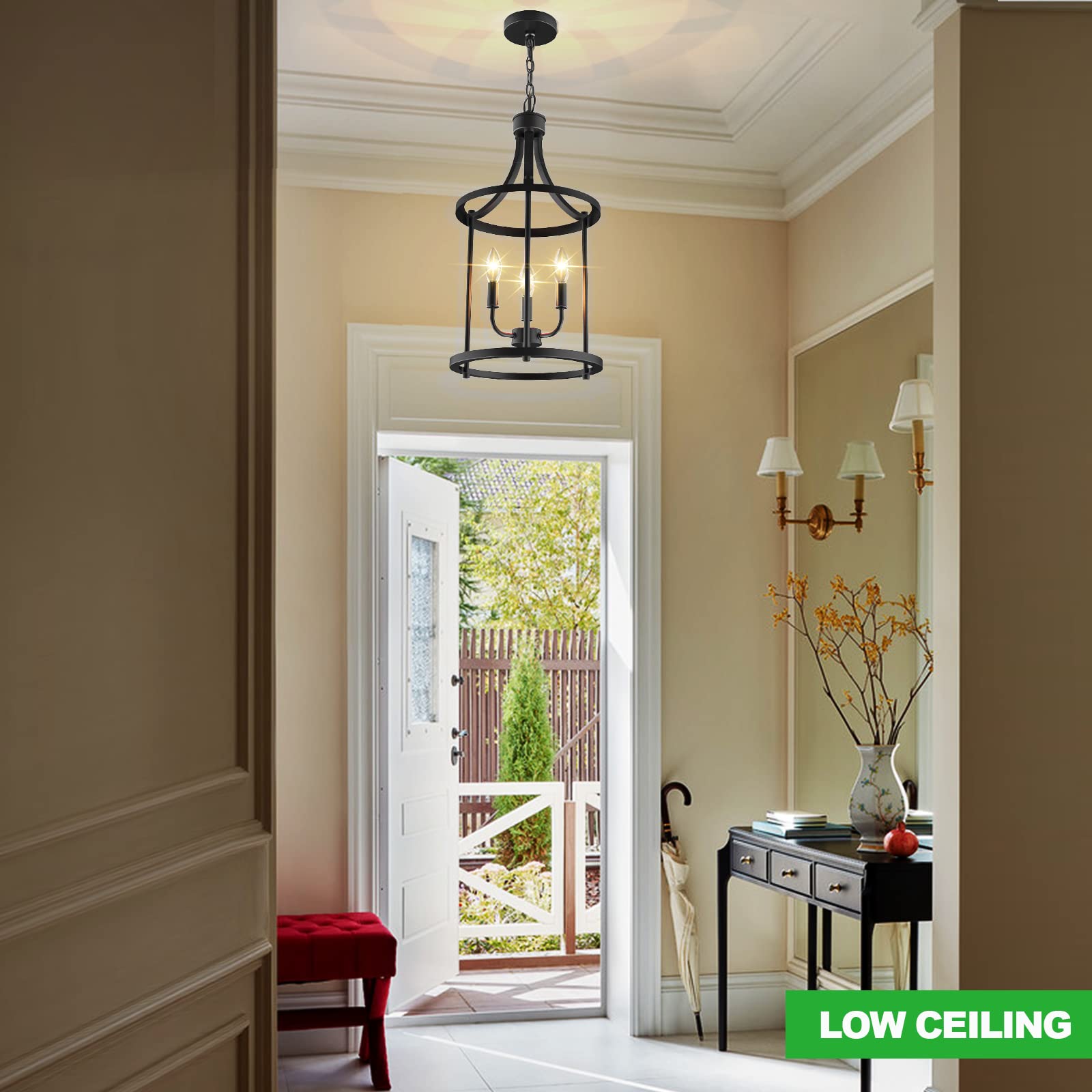 PARTPHONER Farmhouse Chandelier, Dining Room Lighting Fixtures Hanging, Modern Light Fixture Black Lantern Cage,5-Light Pendant Lighting for Kitchen Island, with Adjustable Rods