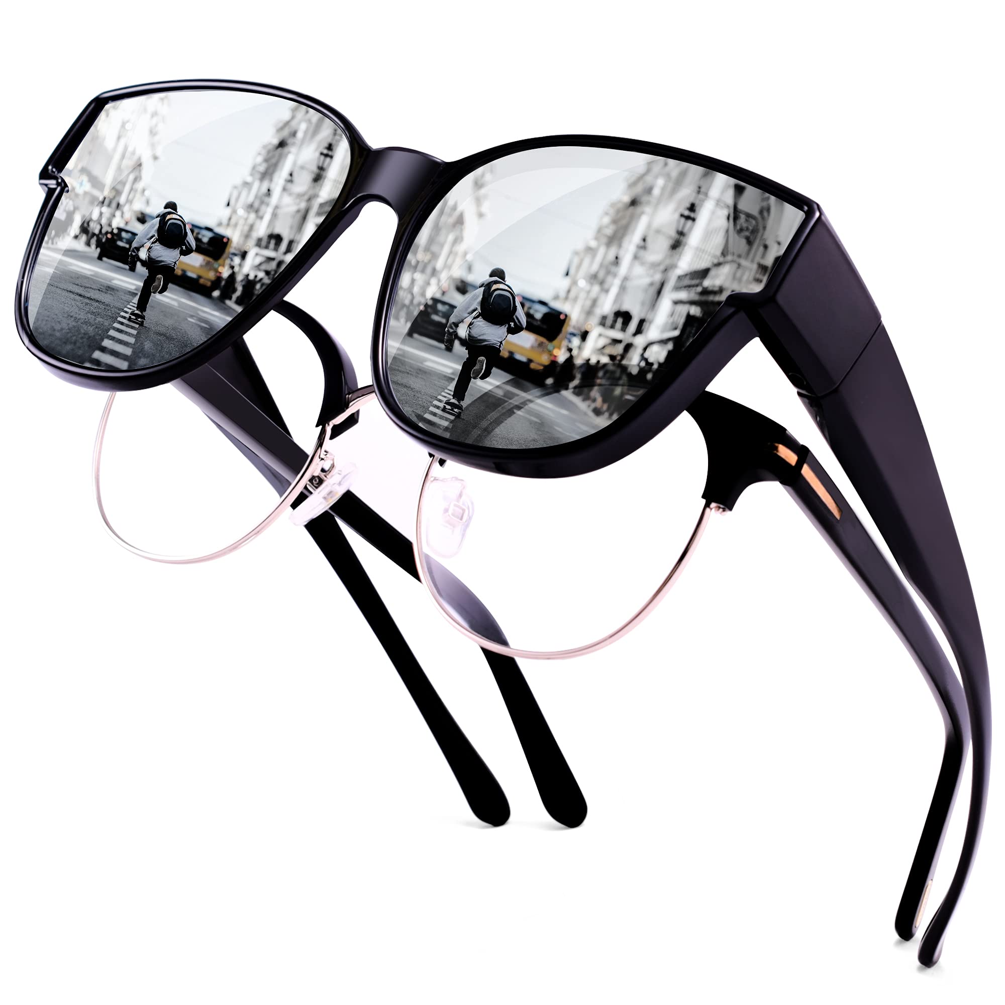 Paukis Over Glasses Sunglasses for Women Men, Polarized UV Protection, Large Round Cat Eye Oversized Solar Shield Fits Over - Mirror Lens