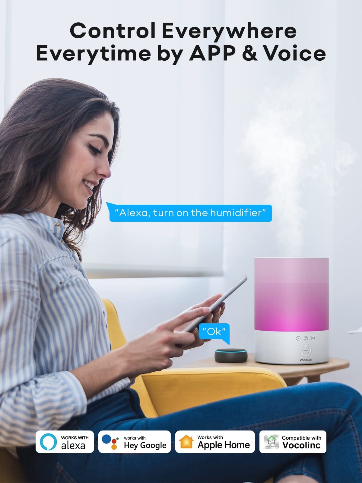 VOCOlinc 2.5L Cool Mist Humidifiers for Bedroom, Smart Humidifier with Auto-target, 16 Million Color, Humidifier for Plants Baby, Work with Apple HomeKit Home, Alexa, Google