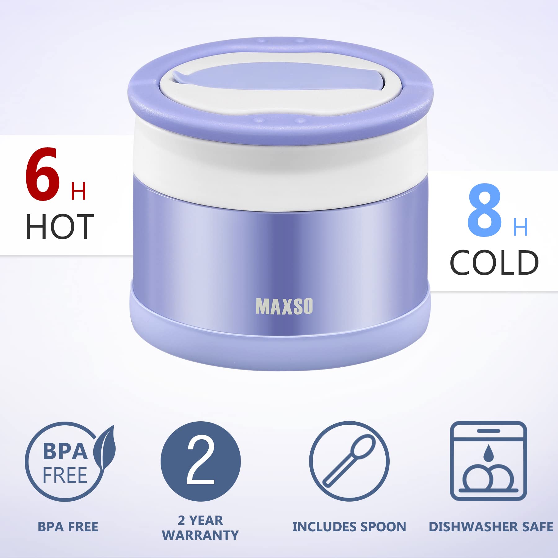 MAXSO Soup Thermo for Hot Food - 24 oz Vacuum Insulated Lunch Container with Foldable Spoon & Thermal Bag, Wide Mouth Bento Box for Adults (Purple)