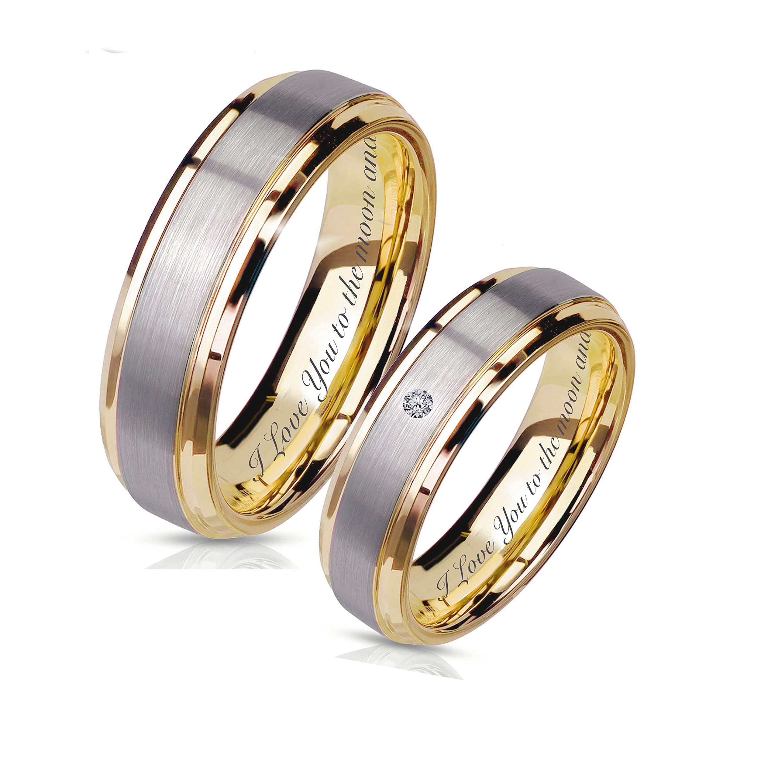 Personalized Two Tone Brushed Silver & Gold Ring Set Custom Engraved Free - Couple's Ring Set - Wedding Band Set - Ships From USA