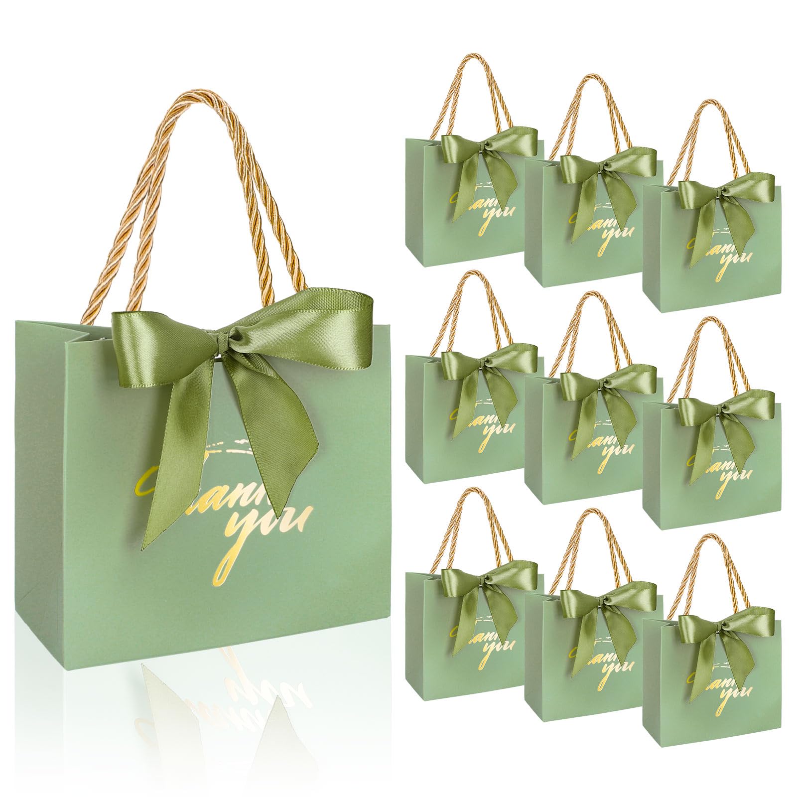 Whaline 50Pcs Thank You Paper Gift Bags with Bow Sage Green Party Favor Bags with Handles for Wedding Bridal Baby Shower Birthday Party (Assembly Required)