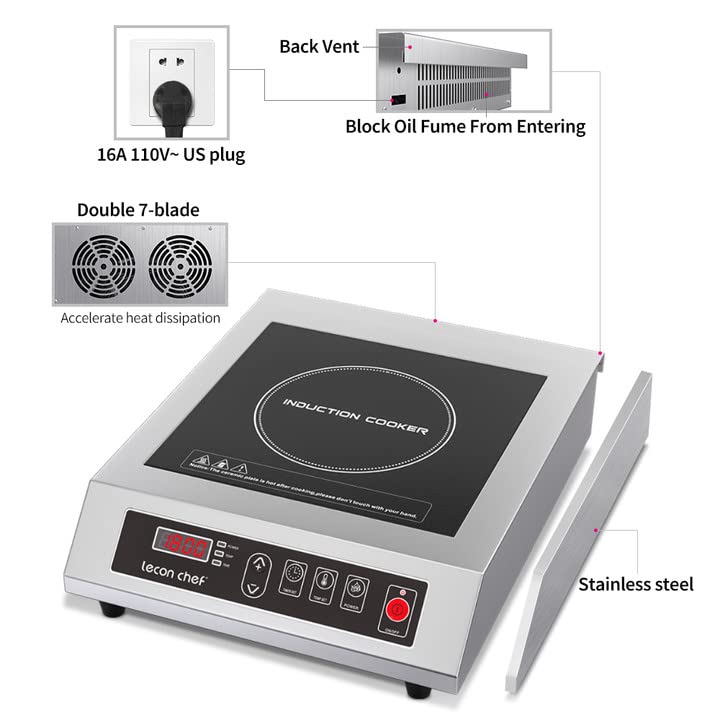 Leconchef Induction Cooktop Induction Cooker Stainless Steel Commercial Grade Countertop Induction Cooker Portable Electric Burner 10 Power&Temperature Settings,24 Hours Timer&Preset for