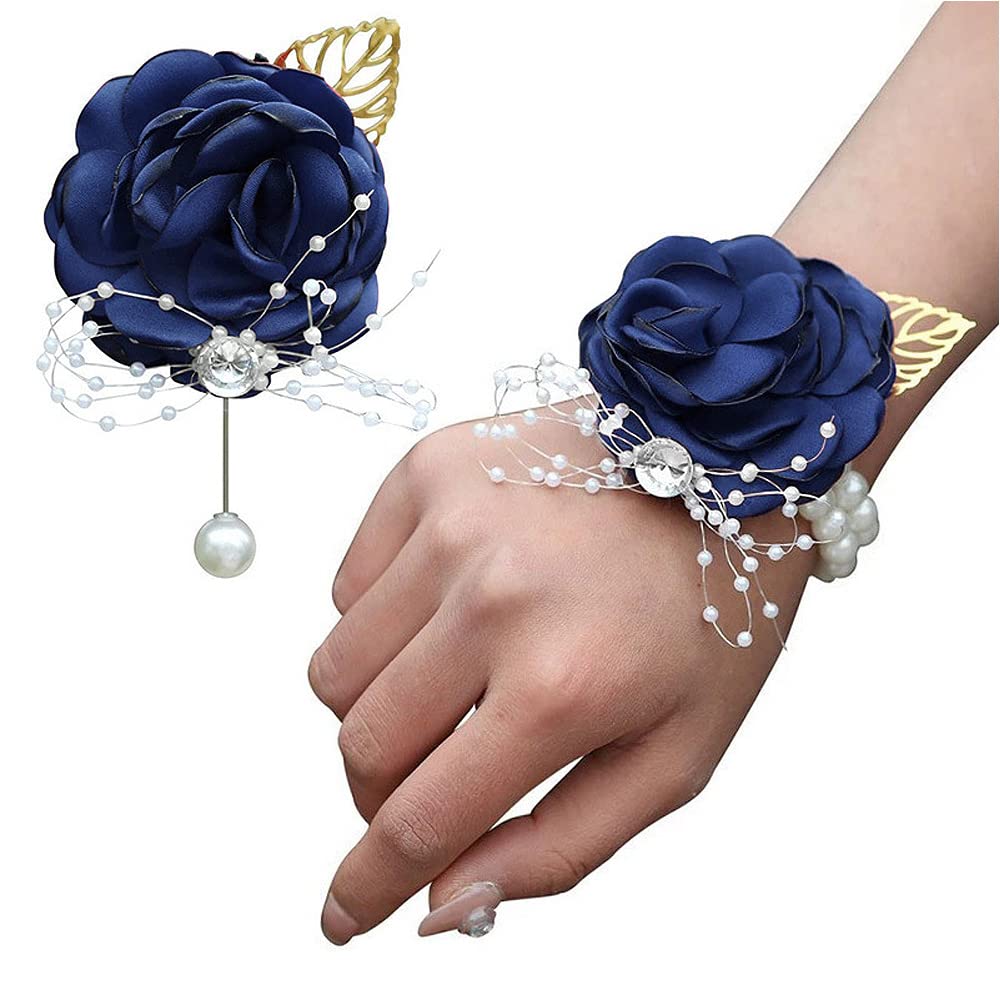 WANLIAN Wrist Corsage Rose Bridesmaid Wedding Flowers Prom Corsage And Boutonniere Set for Wedding Party Prom Groom Bridal (Navy blue)