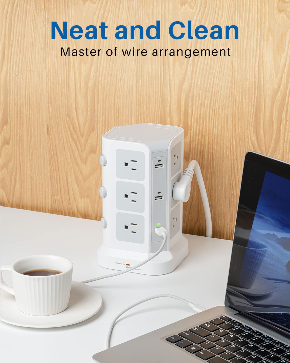 Surge Protector Power Strip Tower 16.4 FT + 6.5 FT, [1500 Joules] 12 Widely Spaced AC Outlets with 6 USB Ports Charging Station White
