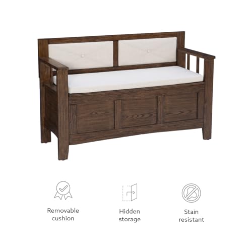 Linon Umber Brown Carlton Rustic Storage Bench with Beige Upholstered Back and Cushioned Seat