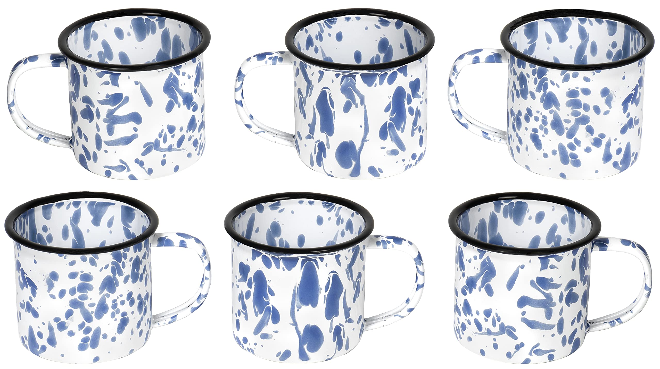 Red Co. Set of 6 Enamelware Metal Small Classic 5 Oz Round Coffee and Tea Mug with Handle, Navy Blue Marble/Black Rim – Splatter Design