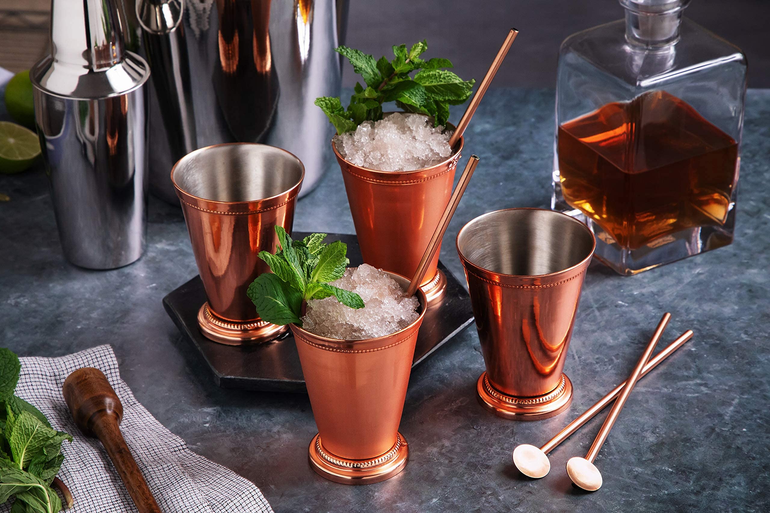 Sol Living Mint Julep Cups Gift Set of 4, 12 oz. Stainless Steel Silver Cups with 4 Drinking Straws Kentucky Derby Cups Premium Handcrafted Barware Set for Cocktails Mixed Drinks