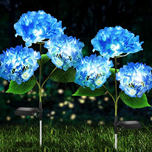 TYNLED Solar Lights Outdoor Decorative - 2 Pack Hydrangea Solar Garden Stake Lights Waterproof and Realistic LED Flowers Powered Outdoor In-Ground Lights for Garden Lawn Patio Backyard (Blue)
