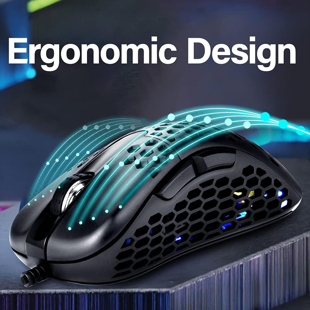 Lightweight Gaming Mouse, Honeycomb Design RGB Backlit Support Custom Buttons Maximum Support 12000DPI (Black)