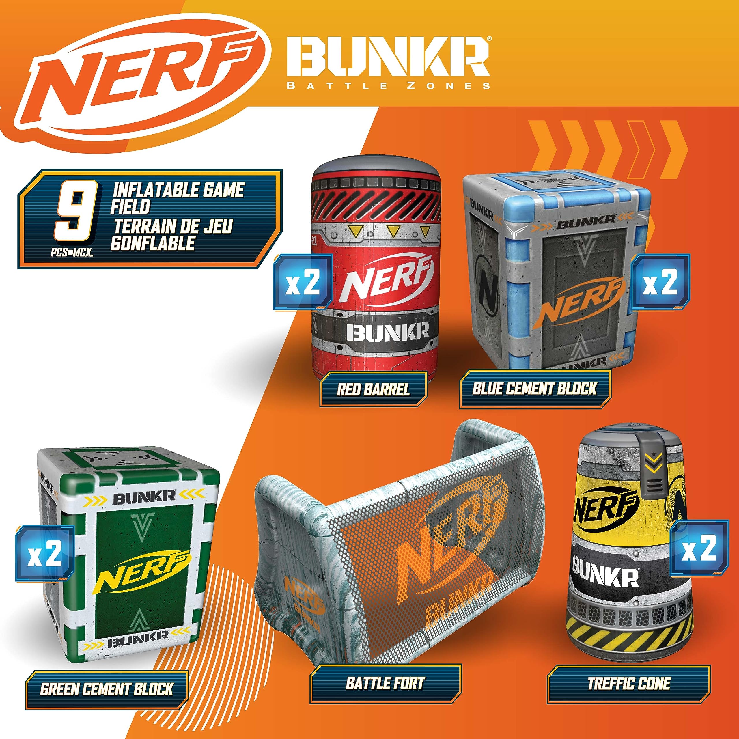 NERF BUNKR Officially Licensed Stadium Pack Inflatable Battlezone - 9 Piece Barricade Shield Bunker Set - Perfect for NERF Party NERF War