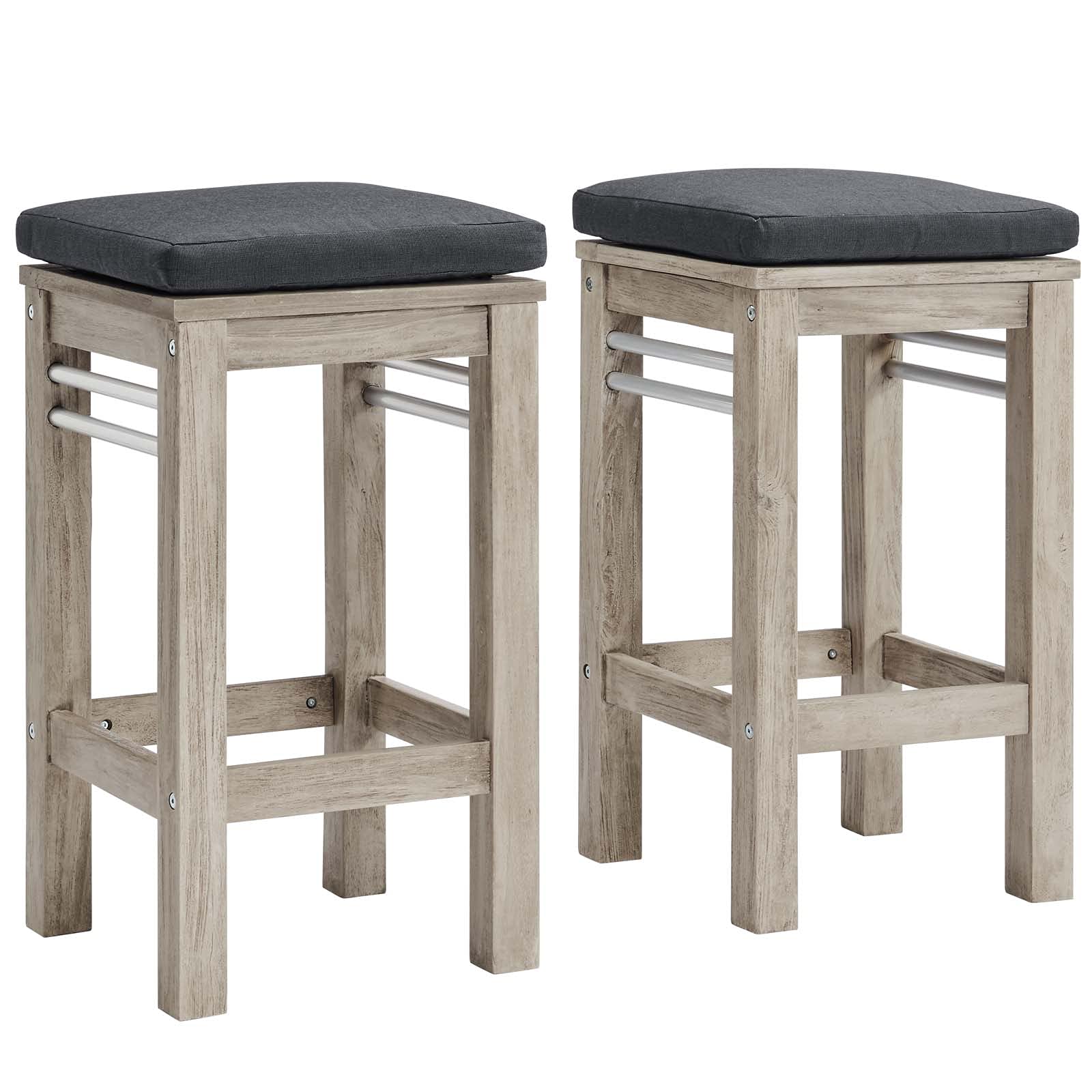 Modway EEI-3969-LGR-STE Wiscasset Outdoor Patio Acacia Wood Bar Stool Set of 2, Light Gray