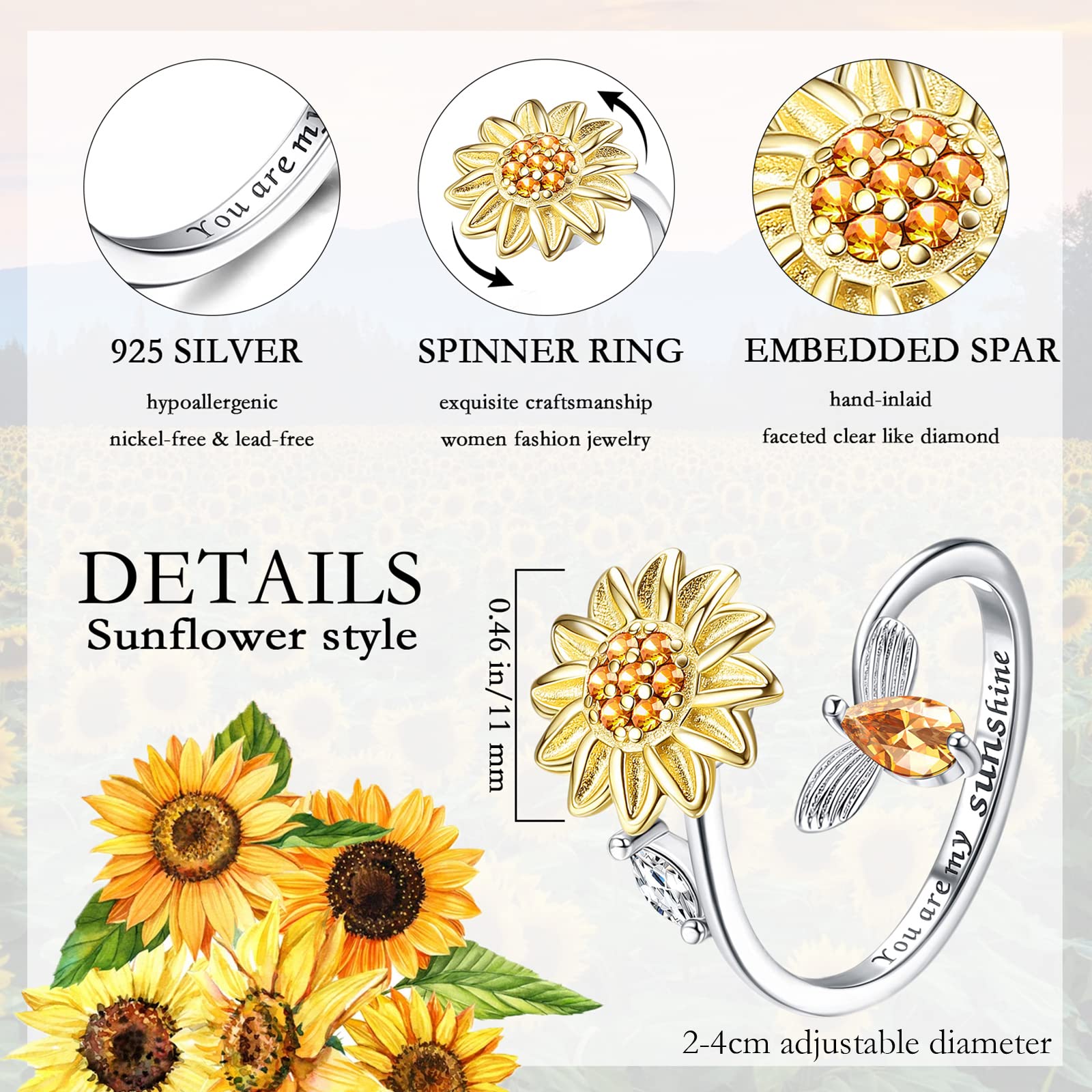 papasgix Sunflower and Bee Fidget Ring for Women, Sterling Silver Anxiety Ring for Stress Relief/Adjustable Open Rings Engraved You are My Sunshine