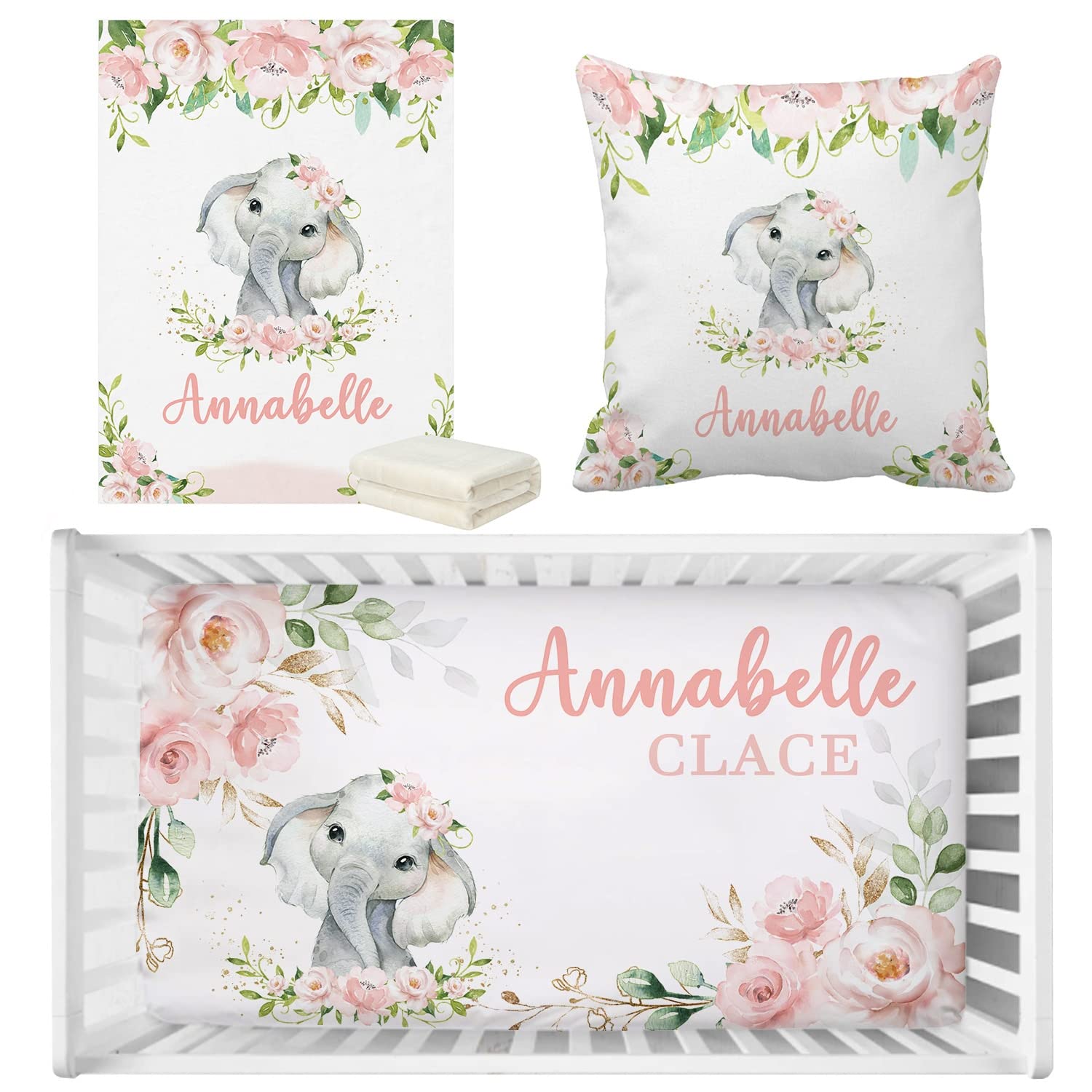UOOPOO-US Personalized Baby Fitted Crib Sheet Set, Customized Elephant Crib Bedding Set with Name, Baby Crib Bedding Set, Custom Chic Pink Flower Nursery Crib Sheet Bedding Set