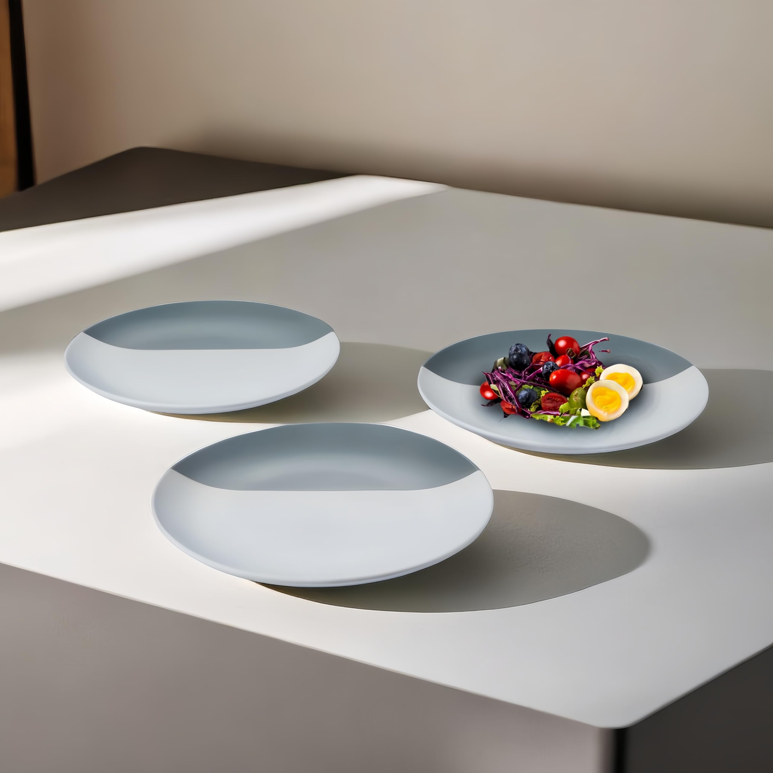 Lerinseu Round Dinnerware Set, 16 Piece Dishes set with 4-Piece Dinner Plates, Dessert Plate,Bowls and Mugs, Plate and Bowls set,Service for 4,Safety for Microwave & Dishwasher(Grey white)