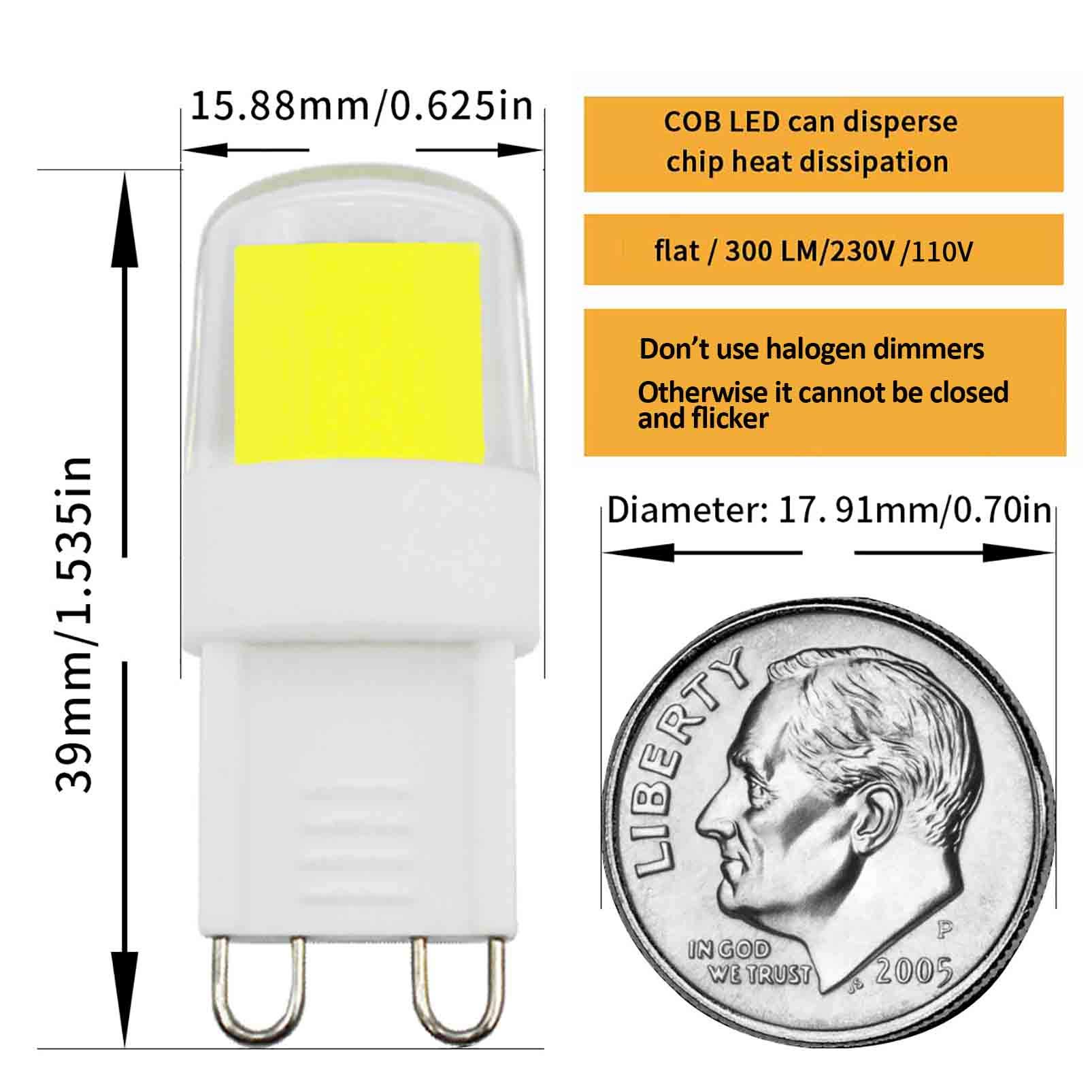 MJIUZHOU G9 LED Light Bulbs 3W (30w 25w 20W Halogen Equivalent) Daylight White 6000k 300 Lumen CRI 83, JCD/G9 Bi-Pin Base COB Bulb for Home Lighting (Pack of 6)